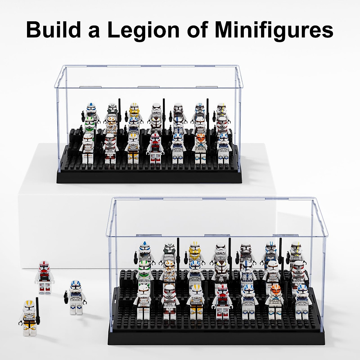 Minifigure Display Case for Action Figures Blocks, Clear Dustproof Acrylic Display Box Storage with 3 Movable Steps Gifts for Children,Black…