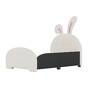BEDGJH Twin Size Upholstered Rabbit-Shape Princess Bed, Wood Twin Size Platform Bed Frame with Headboard and Footboard for Kids Teens Girls Boys, Fun Design & Easy Assembly (White)