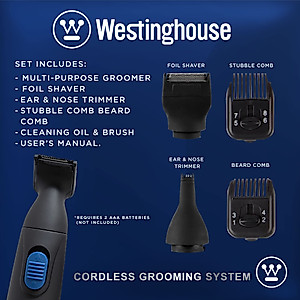 Westinghouse Men's All-in-One Beard Trimmer, Stainless Steel Dual Sided Blades, Adjustable Lengths, Includes Nose and Ear Trimmer Attachment, Portable and Travel Ready