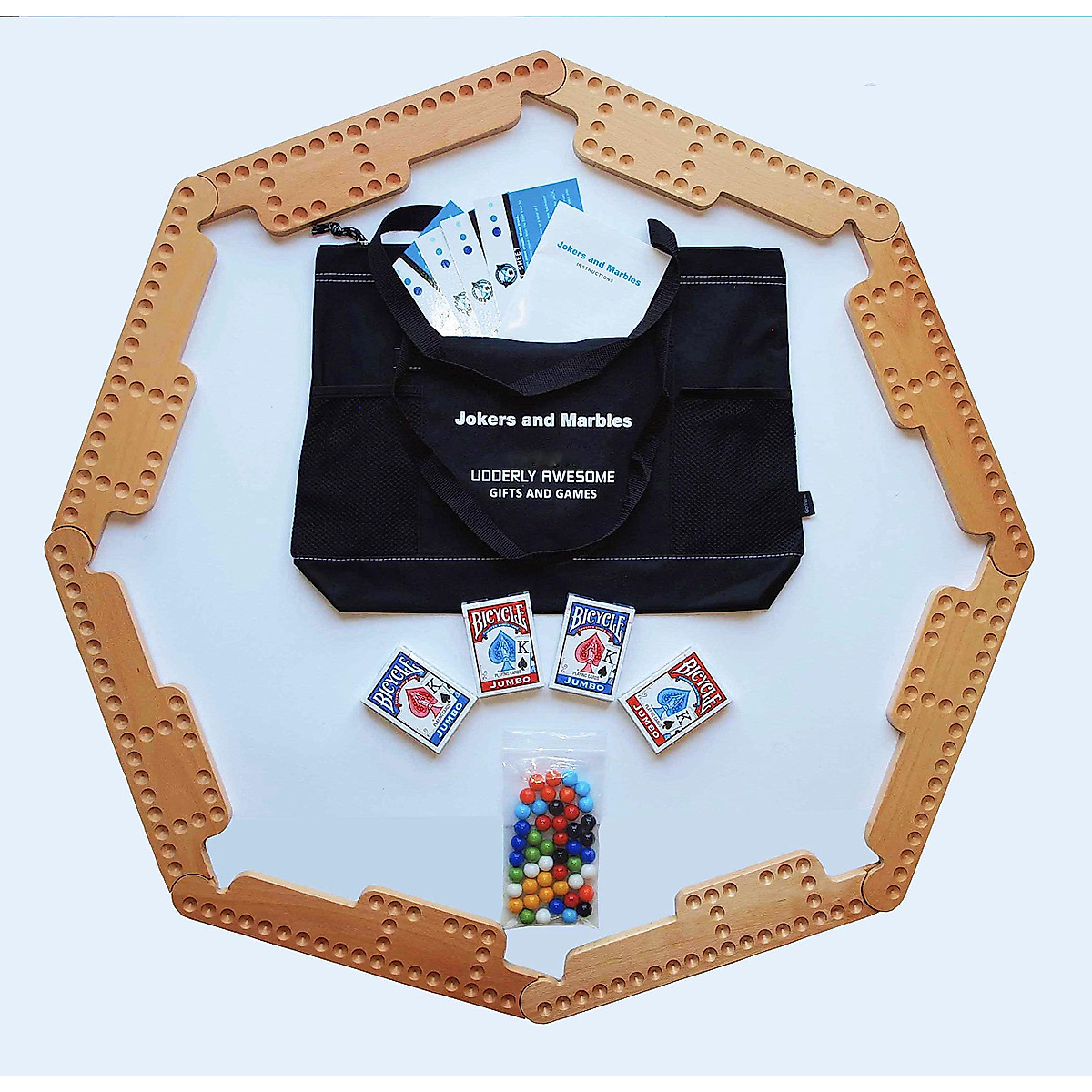 Udderly Awesome Jokers and Marbles Wooden Board Game | 2-8 Player Marble Board Game Setup | Also Known as Pegs and Jokers | A Holiday and Family Favorite Wooden Board Game