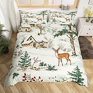 Feelyou Christmas Deer Elk Duvet Cover Set Merry Christmas Pine Tree Bedding Set Twin Size for Boys Girls Bedroom Bed Decor Winter Christmas Xmas Comforter Cover Xmas Quilt Cover for All Season