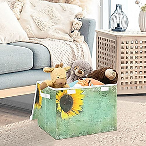 RunningBear Sunflower Teal Large Storage Bins with Lid Collapsible Storage Bin Nursery Baskets Cute Storage Box for Shelf Closet Nursery Home