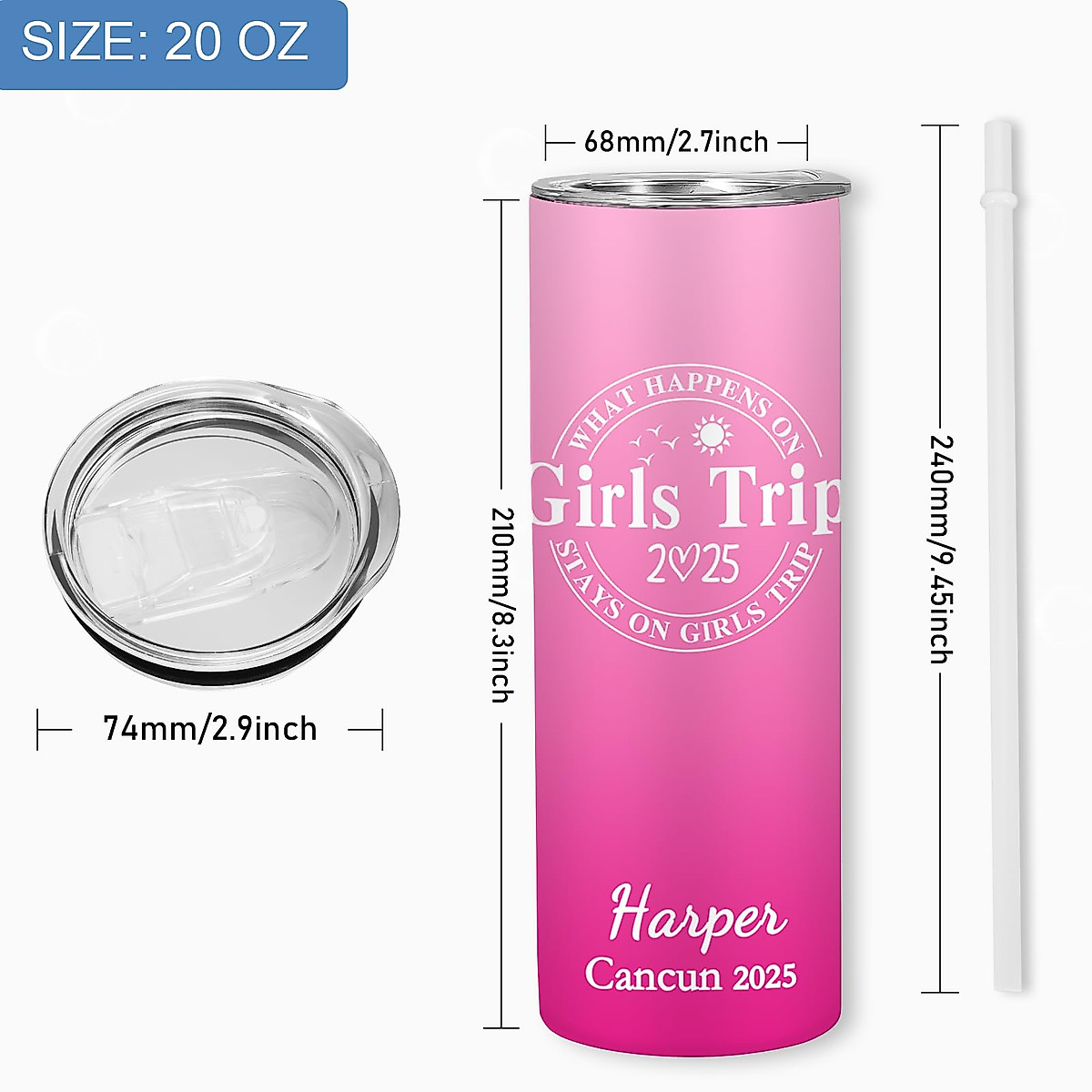 Personalized Girls Trip Tumbler, Custom Beach Vacation Tumbler with Name, Girls Trip Cups, 20 oz Skinny Tumbler with Lids and Straws, 2025 Girl Weekend Gift, Bachelorette Trip Gifts