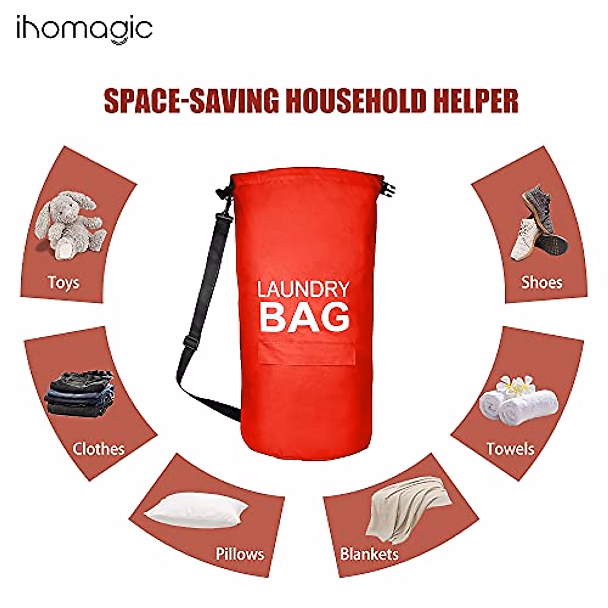 IHOMAGIC 71L Laundry Bag Backpack with Adjustable Shoulder Straps and Pocket, Hanging Fabric Laundry Hamper, Portable Laundry Baskets with Buckle, Extra Large Dirty Clothes Hamper for Laundry (Red)