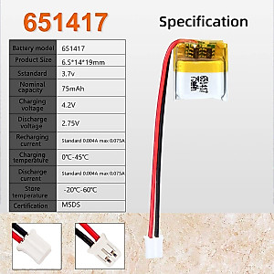 YDL 3.7V 75mAh 651417 Lipo Battery Rechargeable Lithium Polymer ion Battery Pack with JST Connector