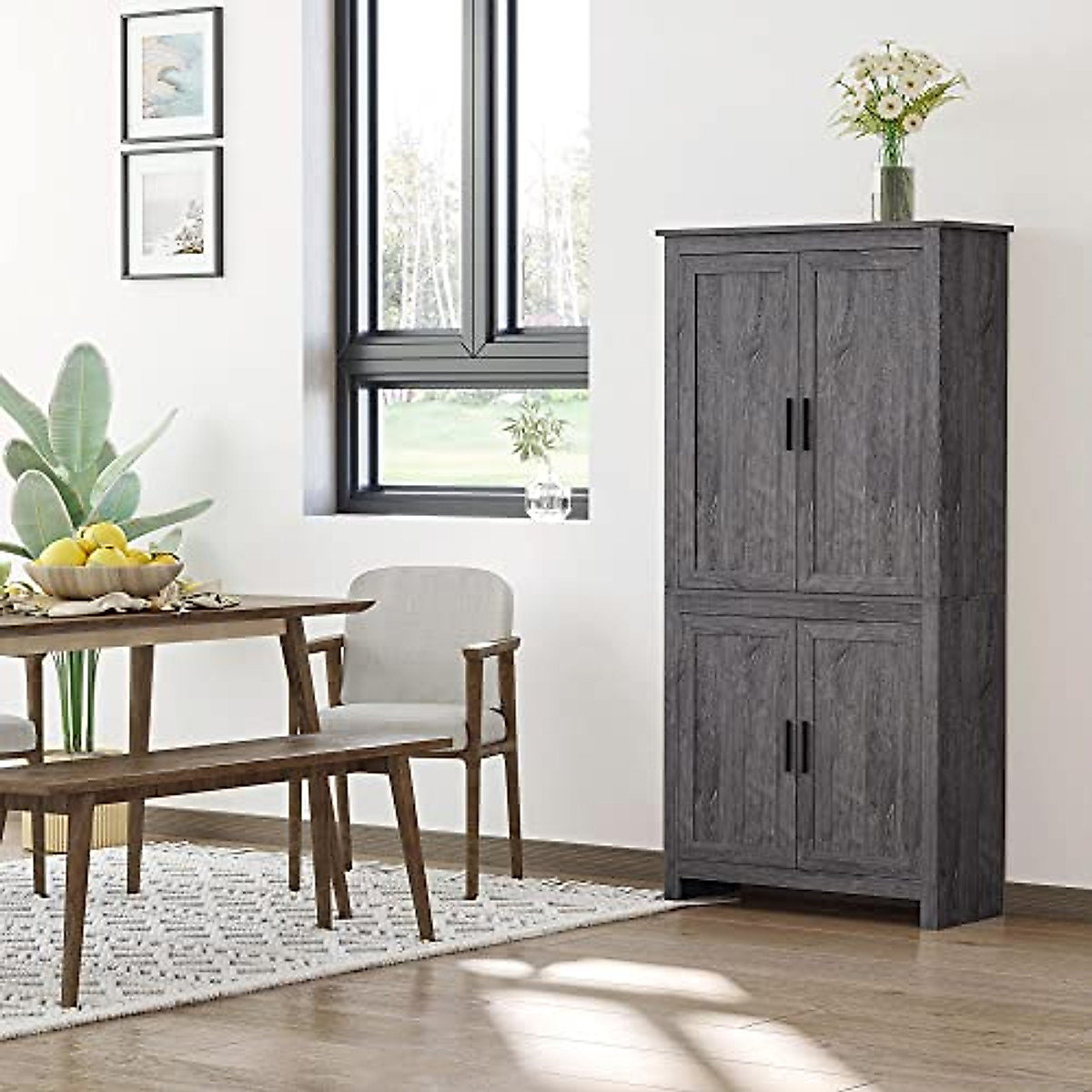 HOMCOM 64" 4-Door Kitchen Pantry, Freestanding Storage Cabinet with 3 Adjustable Shelves for Kitchen, Dining or Living Room, Grey