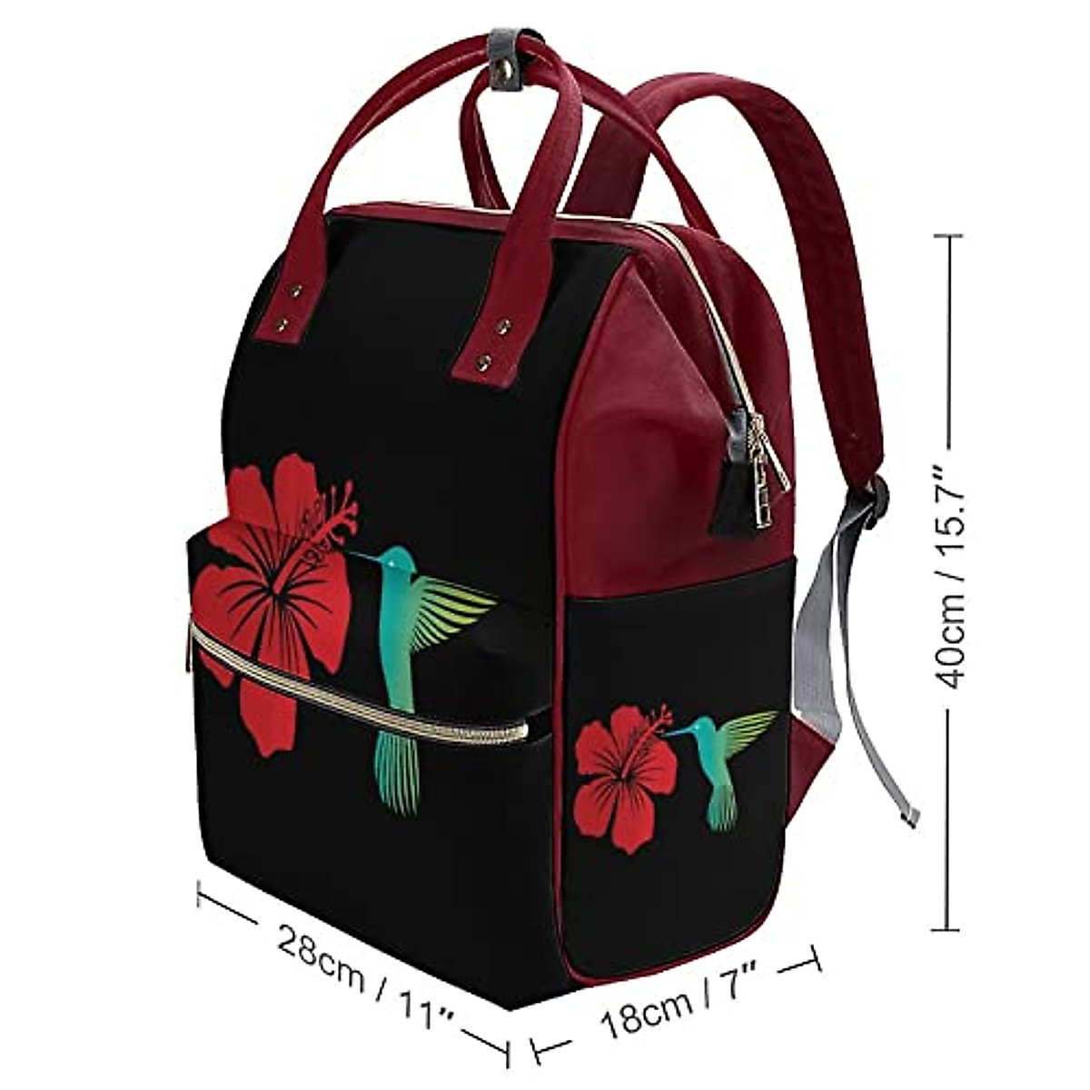 Hummingbird and Red Hibiscus Flower Diaper Bag Backpack Large Capacity Mommy Bags Multifunction Nappy Bag Travel Back Pack Red-Style