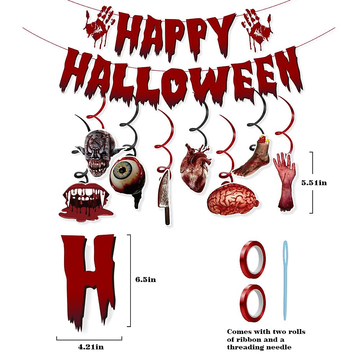 Quimoy Scary Halloween Banner, Happy Halloween Party Decorations, Scary Halloween Decorations with 8Pcs Halloween Hanging Swirls for Halloween Party Indoor Outdoor