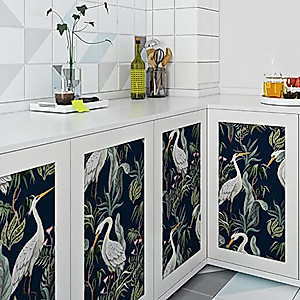 ReWallpaper 17.5in X 39ft Peel and Stick Wallpaper Vintage Dark Botanical Wallpaper Removable Navy White Crane Wallpaper for Bathroom Bedroom Living Room Self Adhesive Renter Friendly Contact Paper