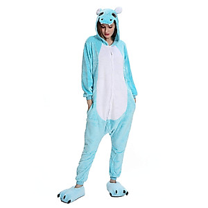 LONGTEN Adult Animal Pajamas Halloween Christmas Cosplay Costume Onesies Homewear Nightclothes Sleepwear Unisex (No Shoes) (XL (Height:178-195cm/69.8-76.8"), Blue Hippo)