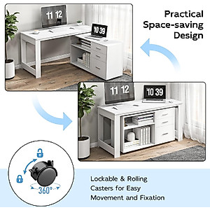 MU 55inch White L Shaped Desk, Corner Computer Desk with 3 Drawers and 2 Shelves, Writing Office Table with Storage File Cabinet, Large Executive Desk with Wheels for Home Office, Bedroom
