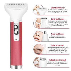 Sdmelld Hair Remover for Women,Painless 5 in 1 Electric Shaver USB Rechargeable,Eyebrow Nose Trimmer,Body Waterproof Bikini Facial Hair Removal for Women (Pink)