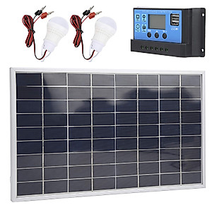 Solar Panel, 15W 18V Polycrystalline Solar Panel 12V/24V PWM Solar Controller 2pcs LED Bulb for Car RVs Ship Battery Charger(10A)