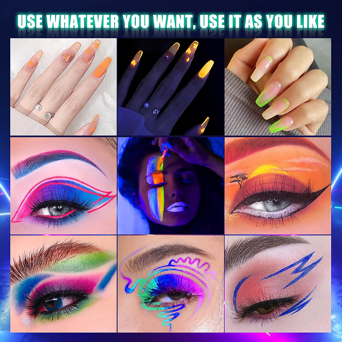 Beteligir 6 colors Neon Pigment Eyeshadow Powder, FindinBeauty UV Glow Blacklight Mixed Bright True Colors Eye Shadow Pigments, Neon Pigment Eyeshadow Powder for Christmas Face Body Makeup