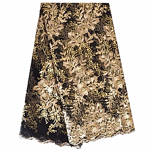 SanVera17 African Fabric Net Fabrics Nigerian Embroidered Lace Fabric for Party Dress (Gold) 5 Yards 2203-4
