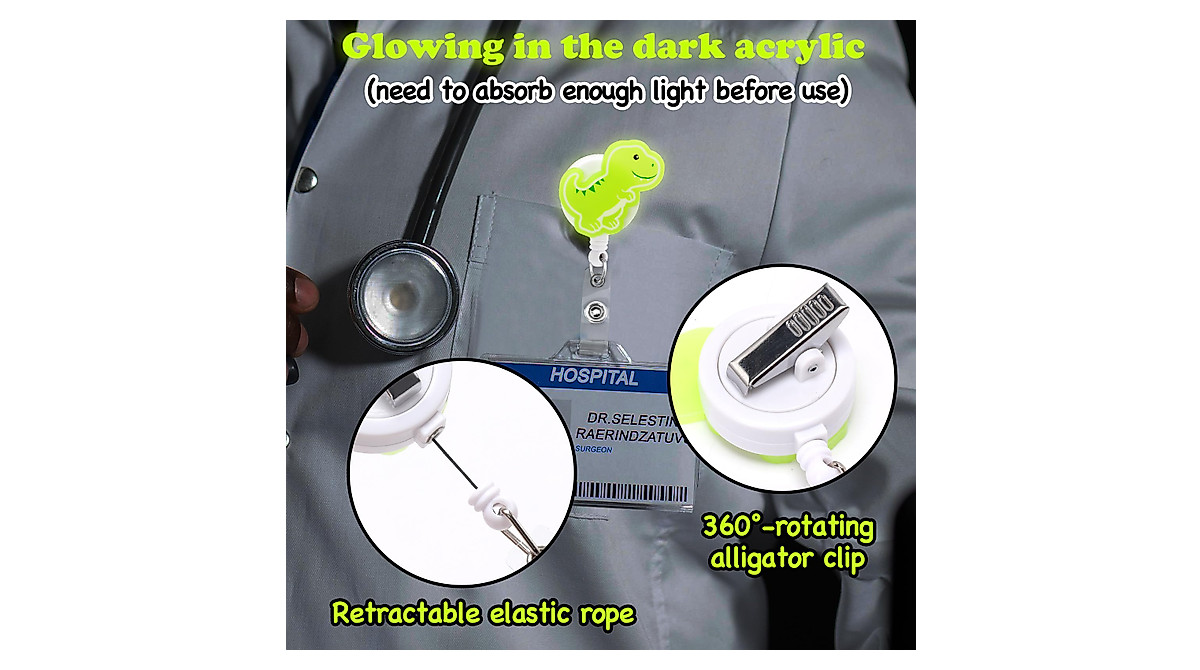 Luminous Dinosaur Badge Reels | 5-Pack Glow in Dark Nurse ID