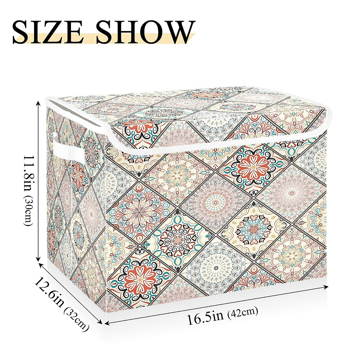 Ollabaky Mexican Mandala Boho Larger Collapsible Storage Bin Fabric Decorative Storage Box Cube Organizer Container Baskets with Lid Handles for Closet Organization, Shelves