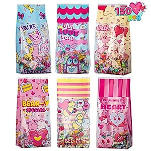 JOYIN 150 Pcs Valentine’s Day Cellophane Gift Bags, Treat Bags Candy Bag in 6 Lovely Designs for Kids Valentine Party Favor Supplies, Classroom Gift Exchange Goodie Bags