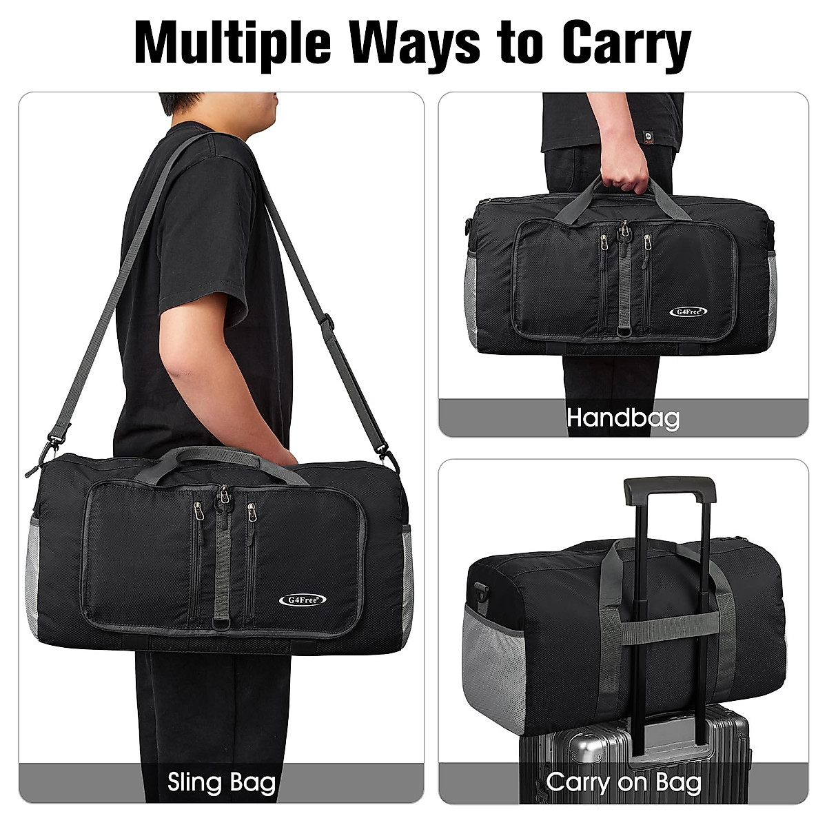 G4Free 40L/65L Foldable Duffel Bag, Water-Repellent Travel Backpack, Lightweight Carry Bag for Overnight Weekender Sports Men Women, Balck, 40L