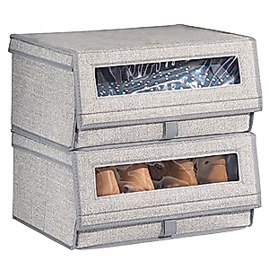 mDesign Large Fabric Closet Shoe Storage Box w/Clear Window - Shoe, Sandal, Sweater, Linen, Clothes Organizer - Boot Storage Solutions - Shoe Bin - Lido Collection, 2 Pack, Gray