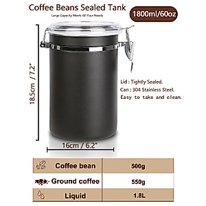Walktosun Airtight Coffee Canister with Clear Lids, Large Container for Ground Coffee 1.8L/62 floz Stainless Steel Storage Container Jar for Coffee Bean, Cereal, tea, Flour, Sugar (Dark Black)