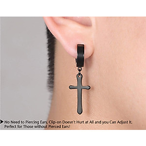 Non-pierced Earrings Set for Men Women Cross Titanium Steel Hoop Dangle Clip On Earring Black