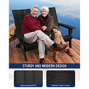 POWERWOOD Modern Adirondack Chairs Set of 4, Oversized HDPE Folding Adirondack Chairs with Cup Holder, Plastic Outdoor Chair, Fire Pit Chairs (Black)