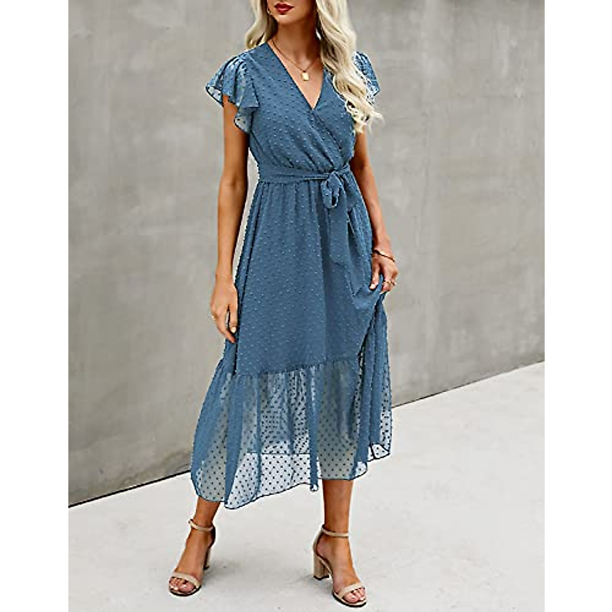 BTFBM Women Summer Bohemian Floral Casual Wrap V Neck Ruffle Cap Sleeveless Belt A-Line Pleated Hem Swing Midi Sun Dress (Swiss Dot Grey Blue, m)