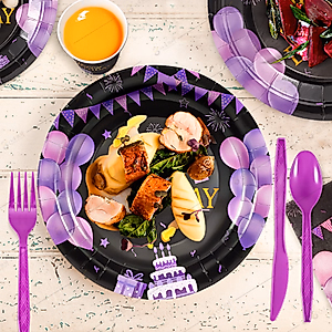 168 Pcs Purple and Black Birthday Party Supplies Tableware Set Party Plates, Knife,Forks,Spoons, Cups and Napkins Table Decorations for Women Girls Birthday Party Decorations, 24 Guests
