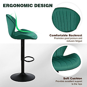 Youhauchair Modern Bar Stools Set of 2, Velvet Height Adjustable Swivel Barstools, Armless Kitchen Island Counter Chairs with Back & Footrest, Green