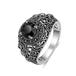 Aprilery Black Cocktail Statement Rings for Women, Fashion Antique Retro Rings Marcasite Costume Vintage Rings Jewelry for Women Gifts for Thanksgiving Christmas (Marcasite Onyx, 7)