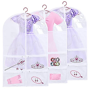 Kids Garment Bags for Dance Costumes, Hanging Dance Garment Bag with Multiple Pockets, Clear Storage Bags Organize Girls Dance Competitions Dress, Dance Recitals, Ballet Costume, Beauty Pageants, 3Pcs