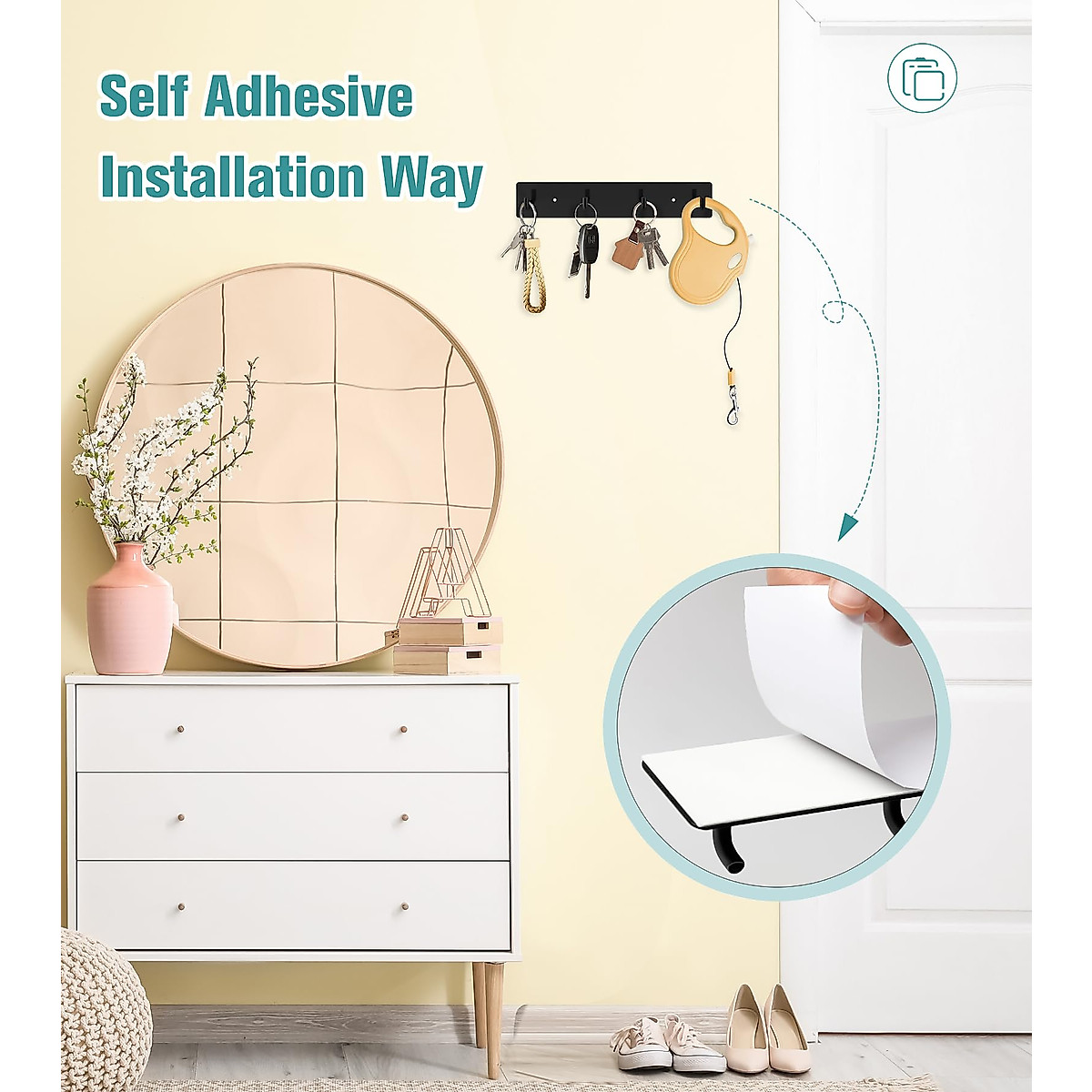 RELBRO Key Holder Wall Mount, Black Metal Key Hanger Self Adhesive Key Rail with 4 Key Hooks Key Rack Organizer 2 Options Installation for Entryway Hallway Kitchen RV Camper