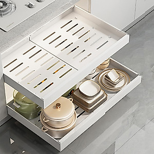 Pull Out Cabinet Organizer, Expandable(12.4"-20.5") Pull Out Drawers for Cabinets Slide Out Drawers for Kitchen Cabinets with Adhesive Nano Film Mounting Adjustable for Kitchen, Pantry (White)