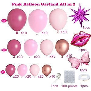 Pink Balloon Garland Arch Kit, Hot Pink Rose Gold Metallic Balloon, Bow Starburst Lip Foil Balloon, Hot Pink Balloons for Girls Birthday Princess Theme Bridal Shower Baby Shower Party Decorations