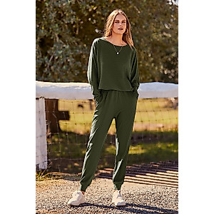 PRETTYGARDEN Women's Spring Fall Fashion Outfits 2 Piece Sweatsuit Long Sleeve Pullover Long Pants Ribbed Matching Lounge Set (Army Green,Large)