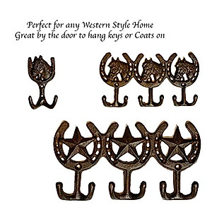 Urbalabs Western Cast Iron Rustic Country Wall Hooks Coat or Key Holder Wall Hook Mounted Decorative for Hats, Coats, Keys, Towels, Mudroom, Entryway, Mancave Bronze (Western 6 Shooter Star and Hat)