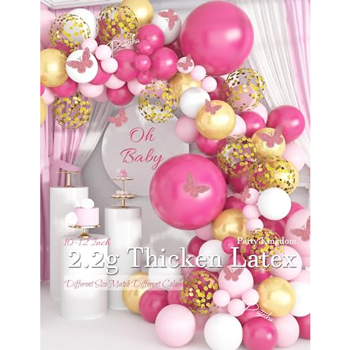 Pateeha Pink Balloon Garland Arch Kit 140 Pcs Hot Pink Gold Balloon Arch Baby Shower Decorations for Girl Butterfly Stickers Gold Confetti Latex Balloons for Birthday Bridal Shower Party Decorations