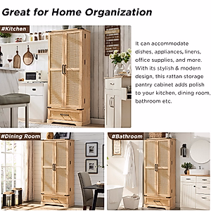 ACCOHOHO 72" Tall Rattan Kitchen Pantry Cabinet with Drawer, Boho Storage Cabinet with 2 Rattan Doors and Shelves, Versatile Large Cabinet for Dining Room, Bathroom, Living Room, Laudry, Natural Oak