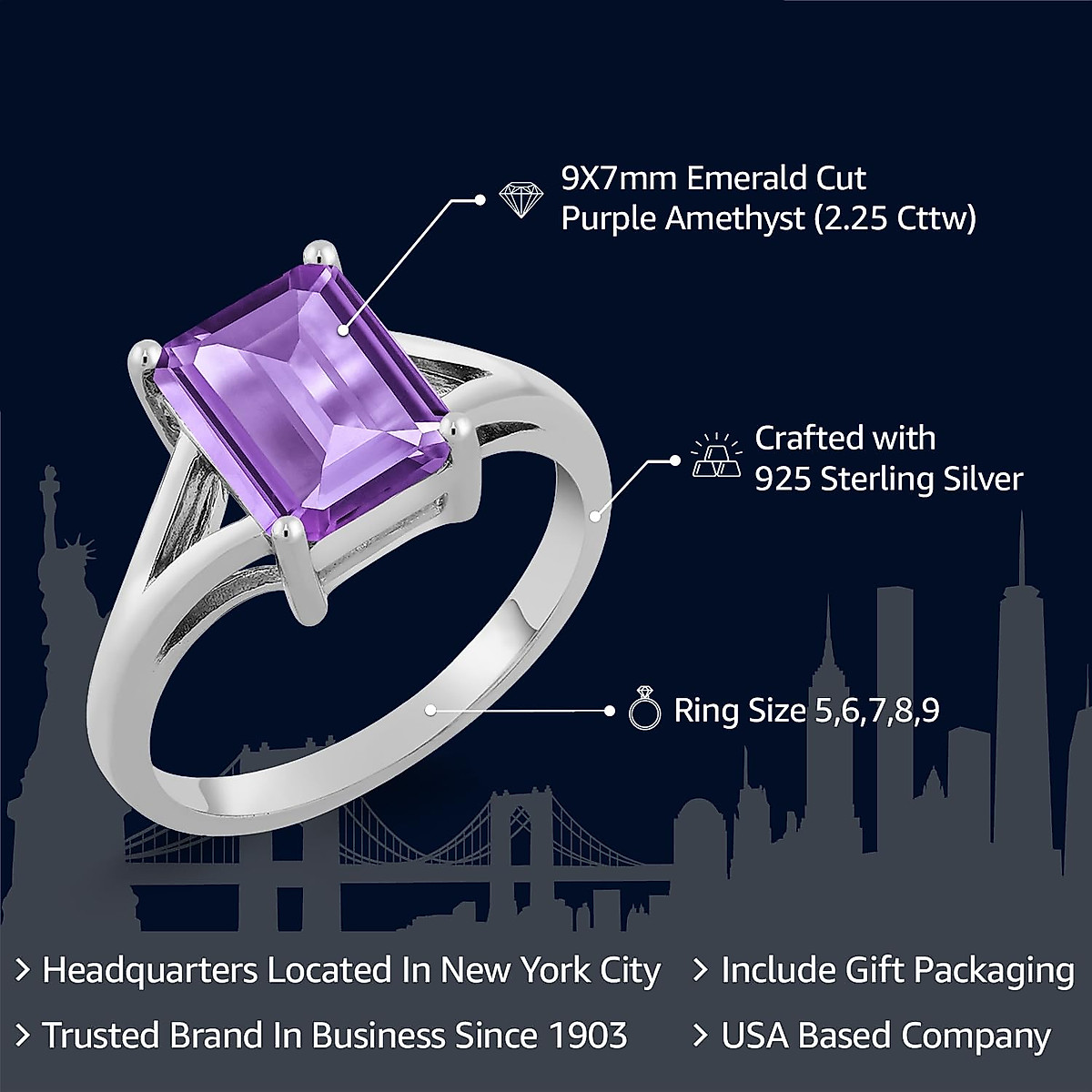 Gem Stone King 925 Sterling Silver Purple Amethyst Solitaire Engagement Ring For Women | 2.25 Cttw | Emerald Cut 9X7MM | Gemstone Birthstone | Ring Size 5-9
