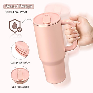40oz Magnetic Lid Insulated Tumbler with Handle, 360° Rotating & Removable Cover, Leak-Proof Travel Mug with Soft Silicone Straw for Drivers, Commuters, Road Trips, Dishwasher Safe (Pink)
