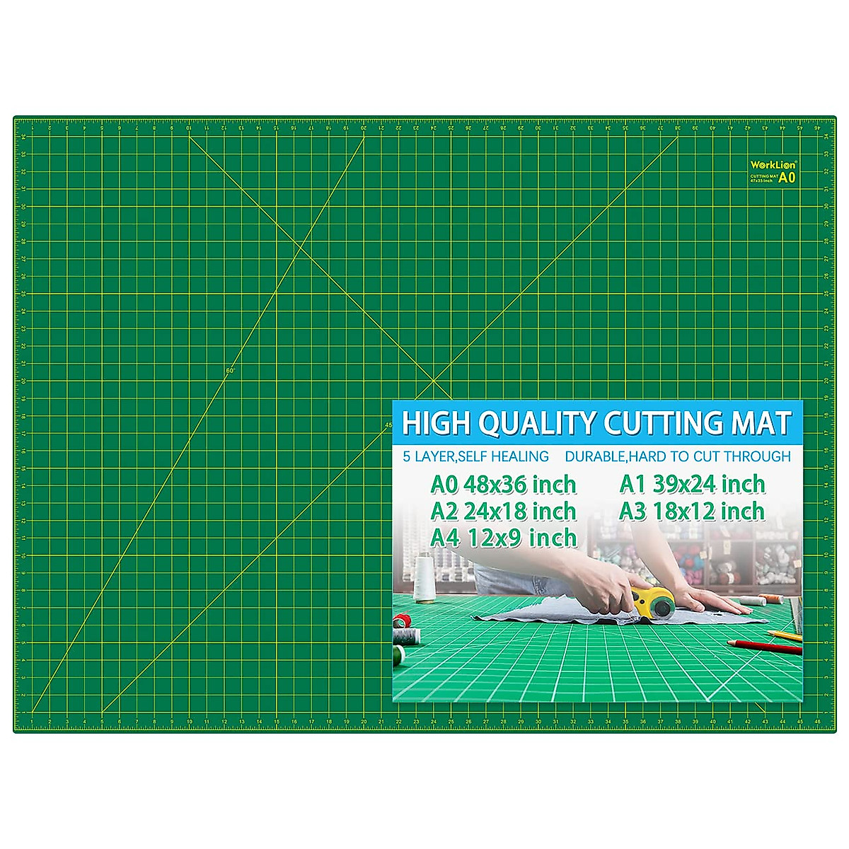 WorkLion 36" x 48" Self Healing Cutting Mat: Double sided 5-Ply Non-Slip - Professional for Scrapbooking & Quilting & Sewing & Arts & Crafts Project (Green)…