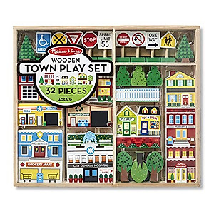 Melissa & Doug Wooden Town Play Set & Wooden Construction Site Vehicles