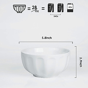 amhomel Porcelain Deep Bowls, 26 Ounce for Cereal, Soup, Side Salad, Rice and Ramen, Microwave and Dishwasher Safe, Fluted Bowls Set of 6(White, 6 Inch)