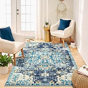 Area Rug 3x5 Entryway Rug - Washable Vintage Floral Boho Area Rug Non-Slip Kitchen Rug Soft Low-Pile Indoor Door Mat, Small Oriental Throw Rug for Entrance Hallway Bedroom (Blue, 3'x5')