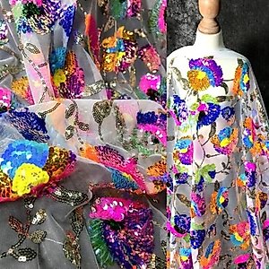 51" Width Colorful Flower Soft Tulle Crystal Sequin Lace Fabric French African Swiss Voile Fabric for Sewing Bridal Evening Dress Queen Gown Prom Party Dress Home Decor (1 Yard, White mesh)