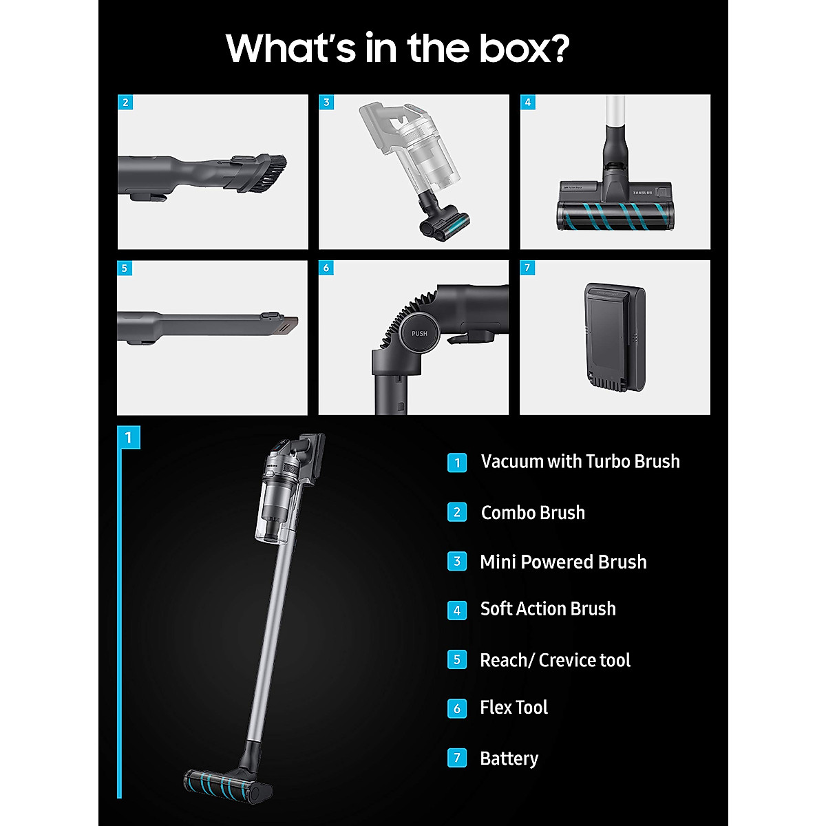 Samsung Jet 75 Stick Cordless Lightweight Vacuum Cleaner with Removable Long Lasting Battery and 200 Air Watt Suction Power, Complete with 180 Deg Swivel Brush, Titan Silver