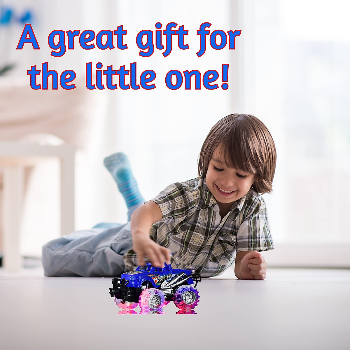 Playo Monster Trucks for Boys - Car Toys for Boys & Girls - Light up Toys for Kids - 6" Truck with Flashing LED Tires - Toy Cars for 3 Year Old boy + - Push n Go Childrens Birthday Gift (Blue)