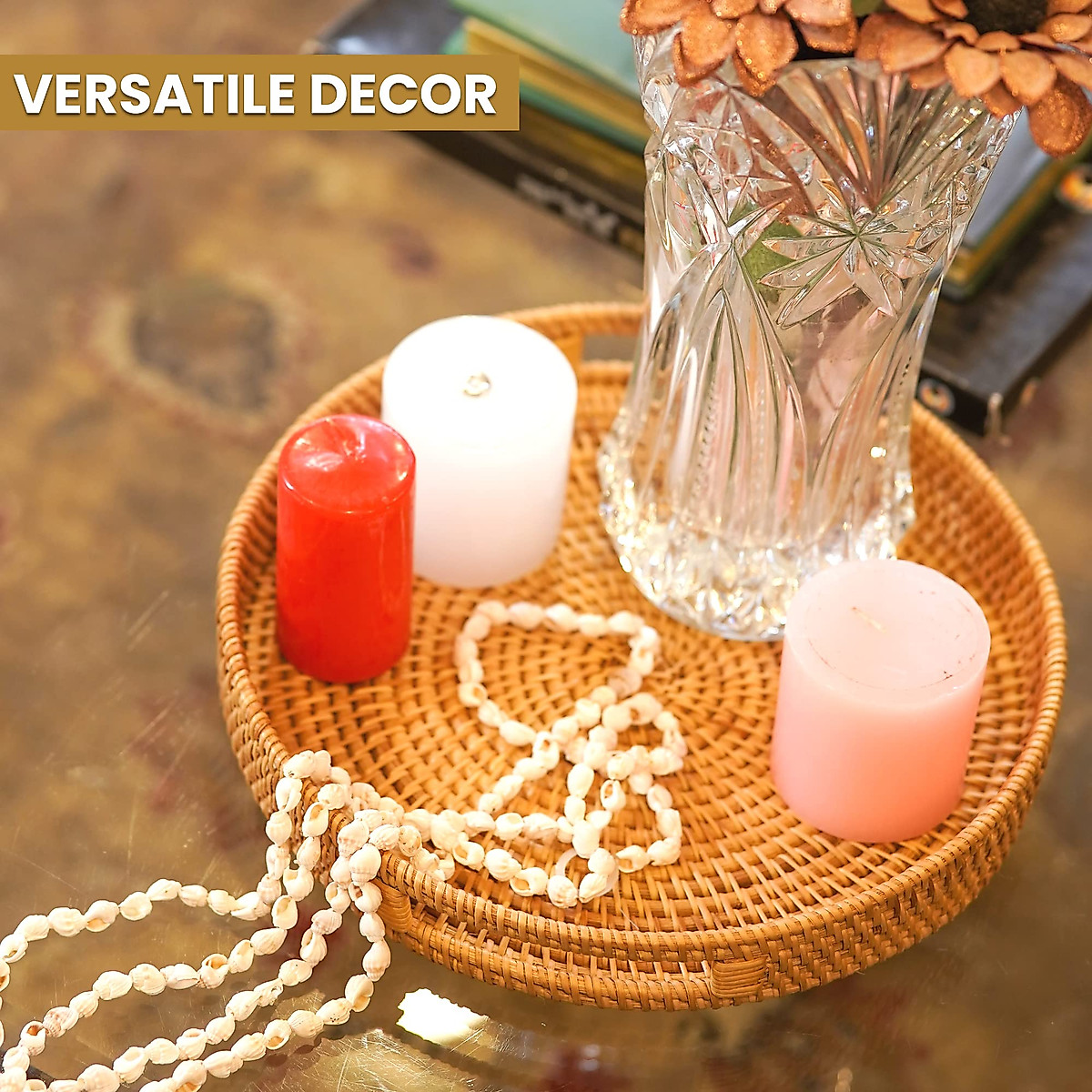 HOMESSENT Round Rattan Tray 11.81x 2.4 Inches -Natural Rustic & Sturdy Wicker Tray with Cut-Out Handles - Hand Woven Tray for Storage & Decoration – Basket Tray for Serving Coffee, Fruits & Drinks