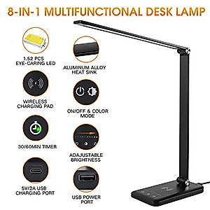 EASTAR LED Desk Lamp with USB Charging Port, Wireless Charger, College Dorm Room Essentials, Modern Eye-Caring Desk Lamps for Home Office - 5 Lighting Modes, Bright Desk Light with Timer, Black